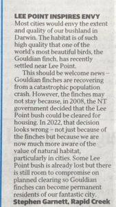 NT News Letter - Stephen Garnett 22 Aug 2022 - Save Lee Point